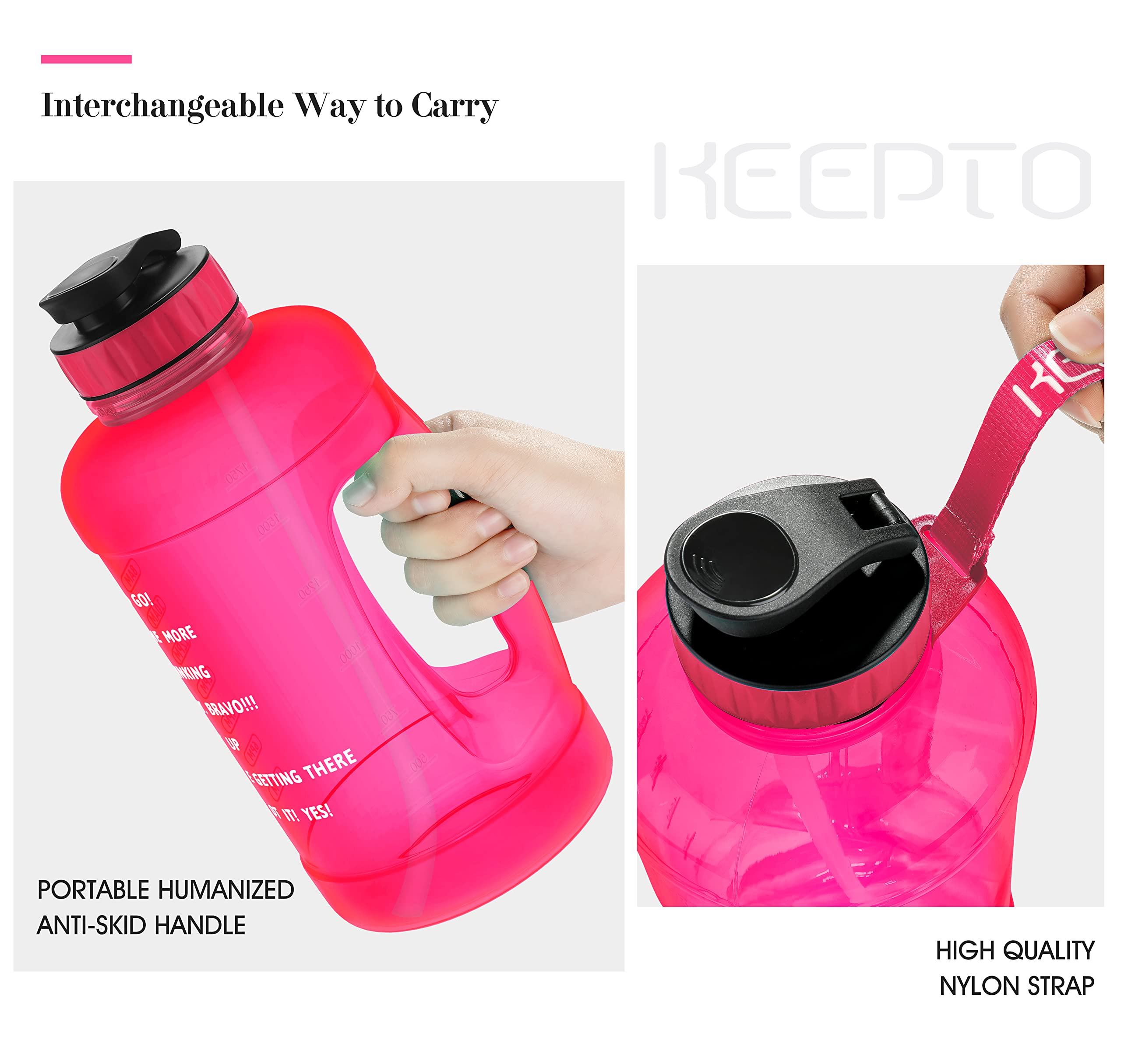 KEEPTO 64 oz Water Bottles with Times to Drink,BPA Free Motivational Gallon Water Jug with Straw,DeepPink