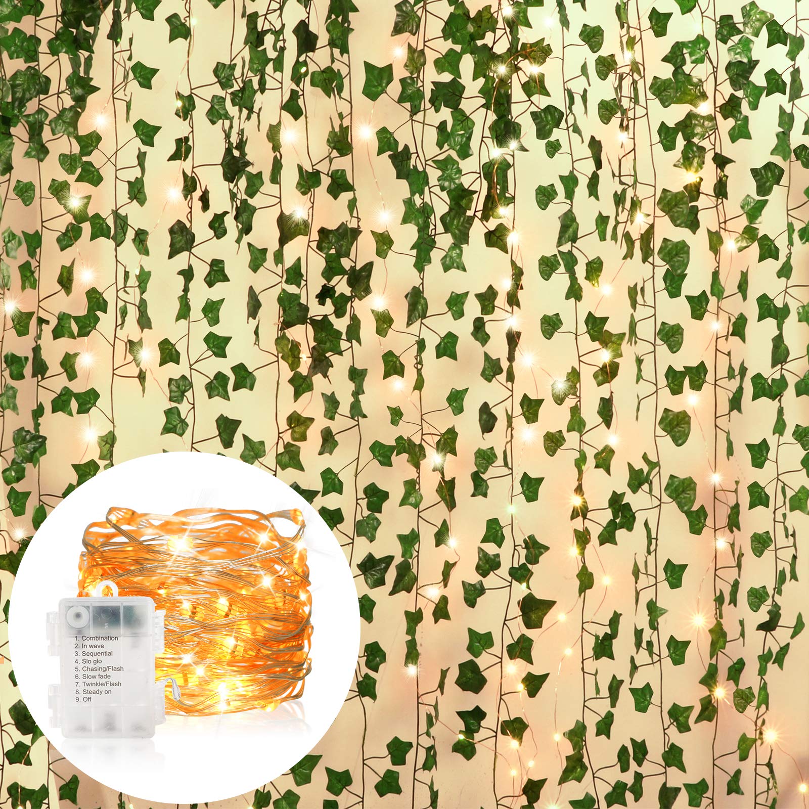 KETADO 12 Pack 84Ft Artificial Ivy Garland Leaf Vines with 65 Ft 200 LED String light, Garland Fake Foliage Flowers Plants Hanging for Party Garden Office Wedding Wall Decor and Home Kitchen, Green