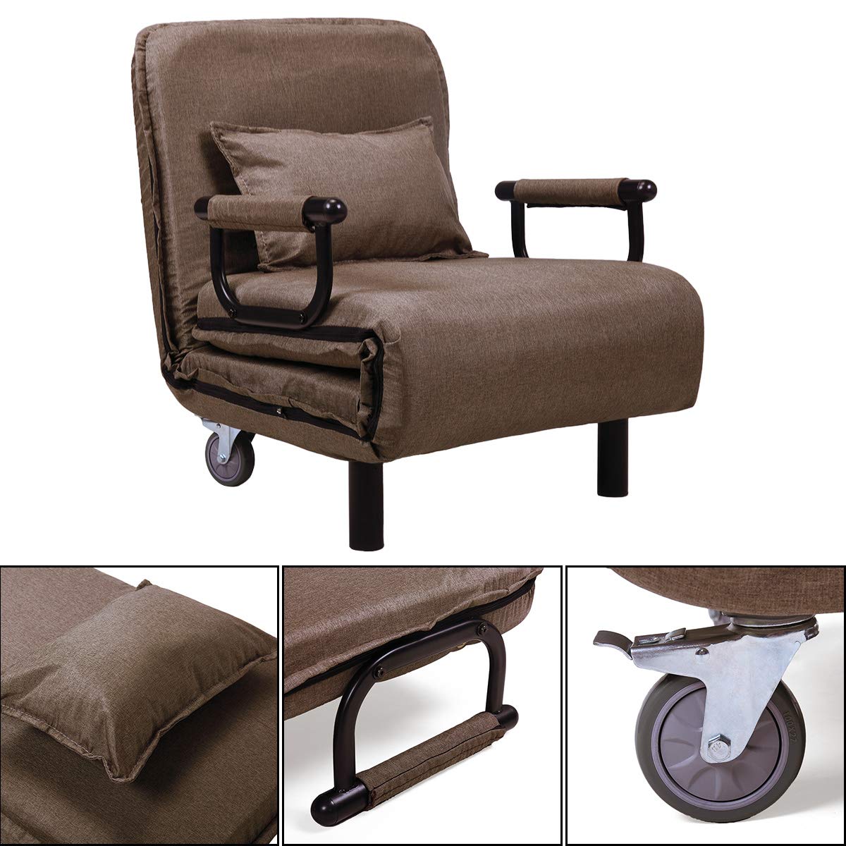 JAXPETY Sofa Bed Folding Arm Chair Convertible Sleeper Chair, Leisure Recliner Lounge Couch with Pillow and 5 Position Adjustable Backrest for Home Office