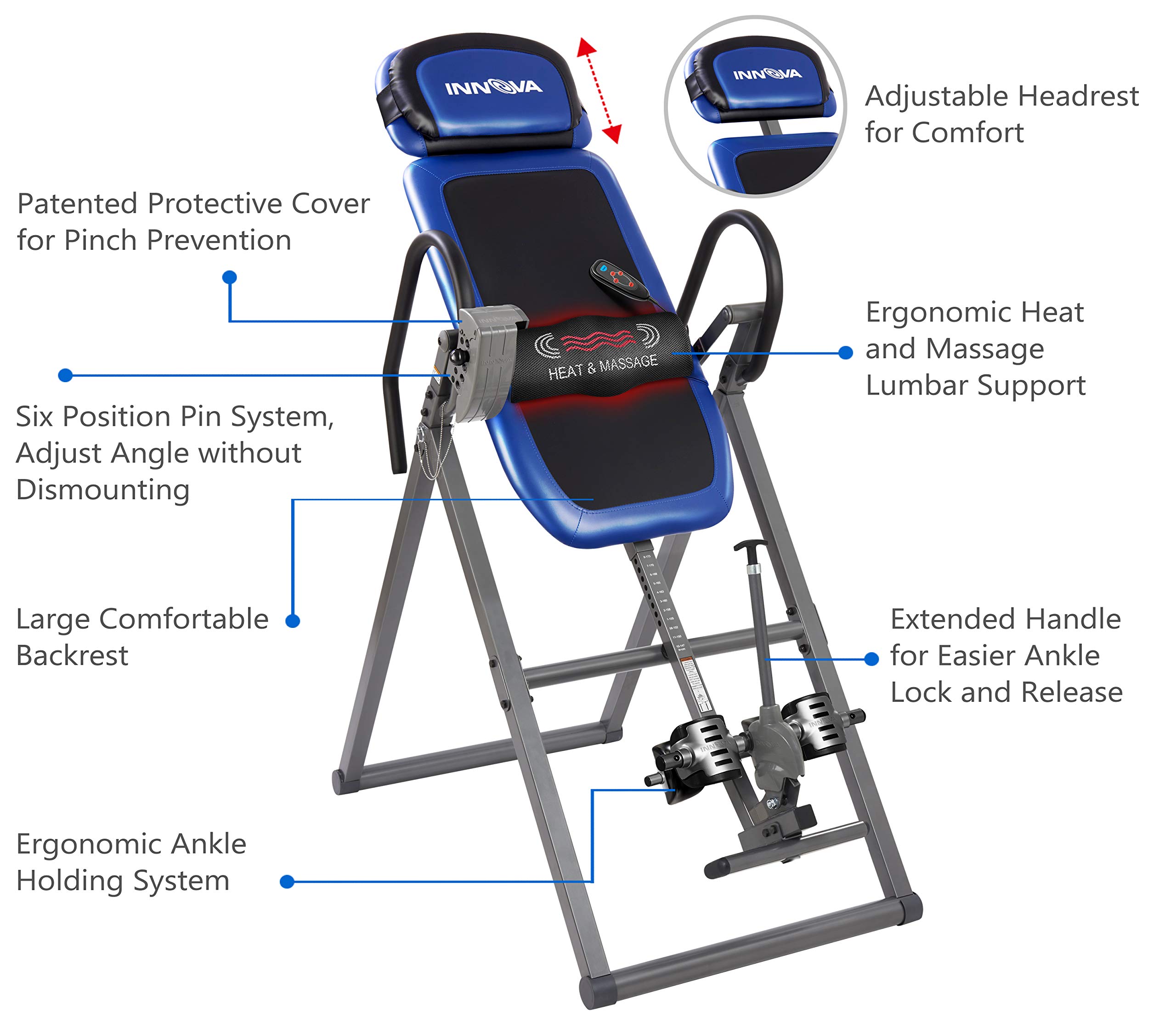 INNOVA HEALTH AND FITNESS ITM4800 Advanced Heat and Massage Inversion Table,Black/ Blue / Gray