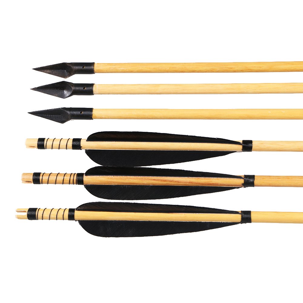 Huntingdoor Wooden Arrows 31inch Archery Shaft 5" Turkey Feathers Fletching with Arrowhead 150 grain for Traditional Recurve Bow or Longbows (Black)
