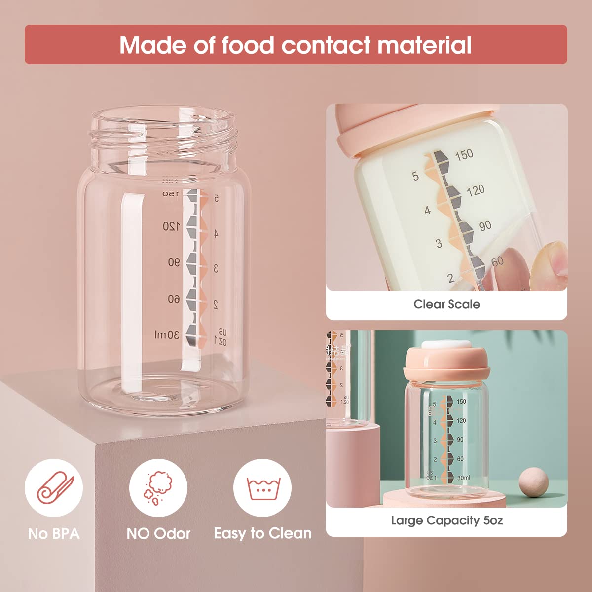 SEEDNUR Breastmilk Bottles 3pc Set with Leak Proof Lids 5oz 150ml Reusable Wide Neck Bottles Best for Breast Milk Collection & Storage Solution BPA Free Fits Most Breast Pumps
