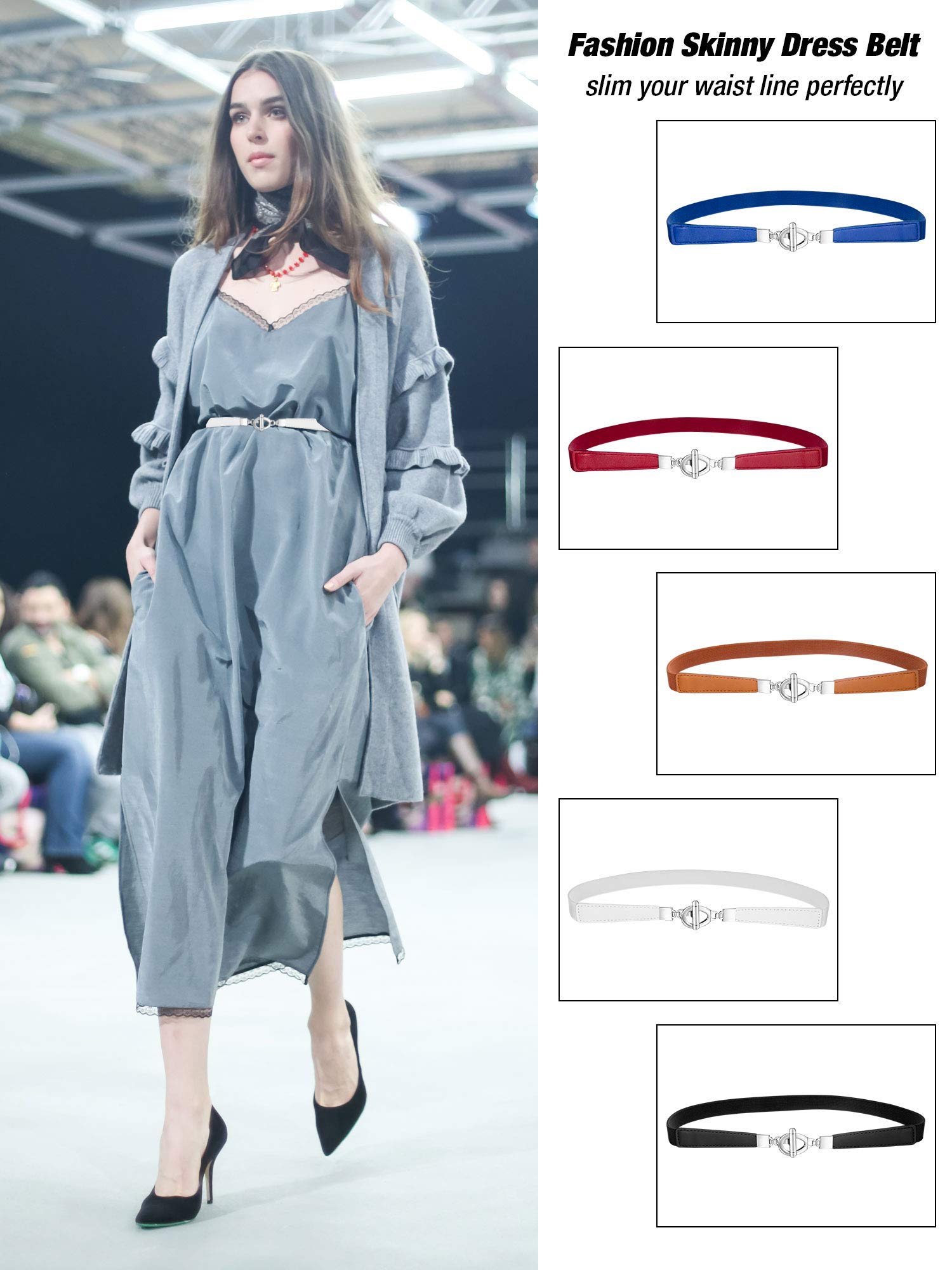 JOVITEC 5 Pieces Women Skinny Elastic Waist Belt for Dress Retro Stretch Cinch Adjustable Thin Belt Metal Buckle