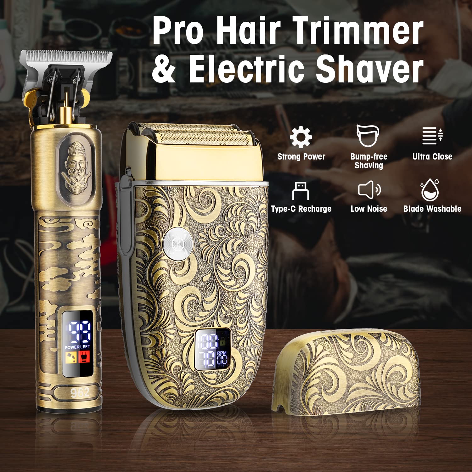 Suttik Professional Hair Clippers and Electric Shavers Set, Beard Trimmer for Men Electric Razor Beard Grooming Kit Hair Trimmer with 2 Foil Head and Limit Combs, Gift for Men,Bronze