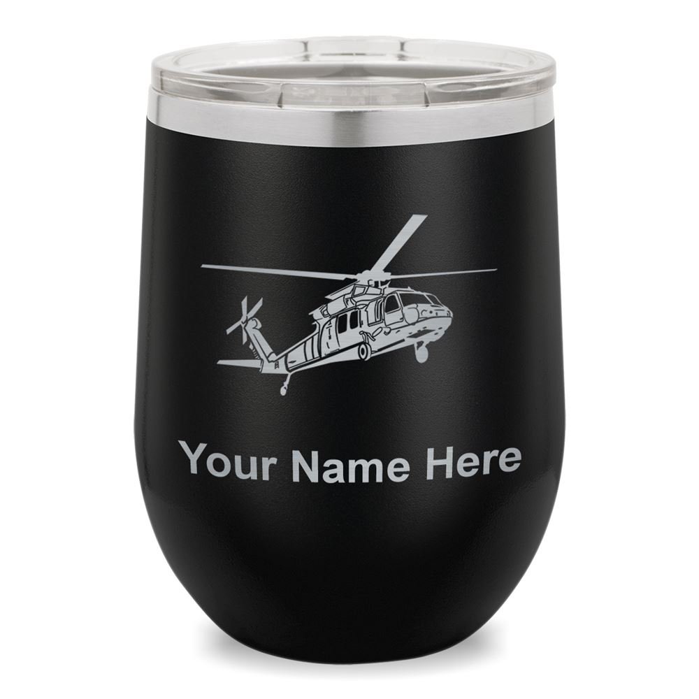 LaserGram Double Wall Stainless Steel Wine Glass Tumbler, Military Helicopter 1, Personalized Engraving Included (Black)