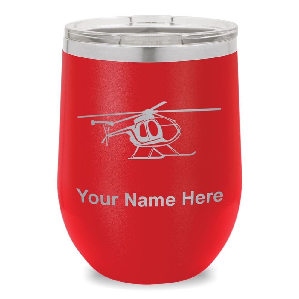 LaserGram Double Wall Stainless Steel Wine Glass Tumbler, Helicopter 1, Personalized Engraving Included (Red)