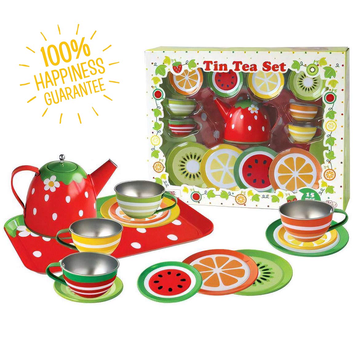 Kids Fruit Themed Tin Tea Party Toy Set - Metal Teapot and Cups for Childrens Kitchen Pretend Play (14 Pieces)