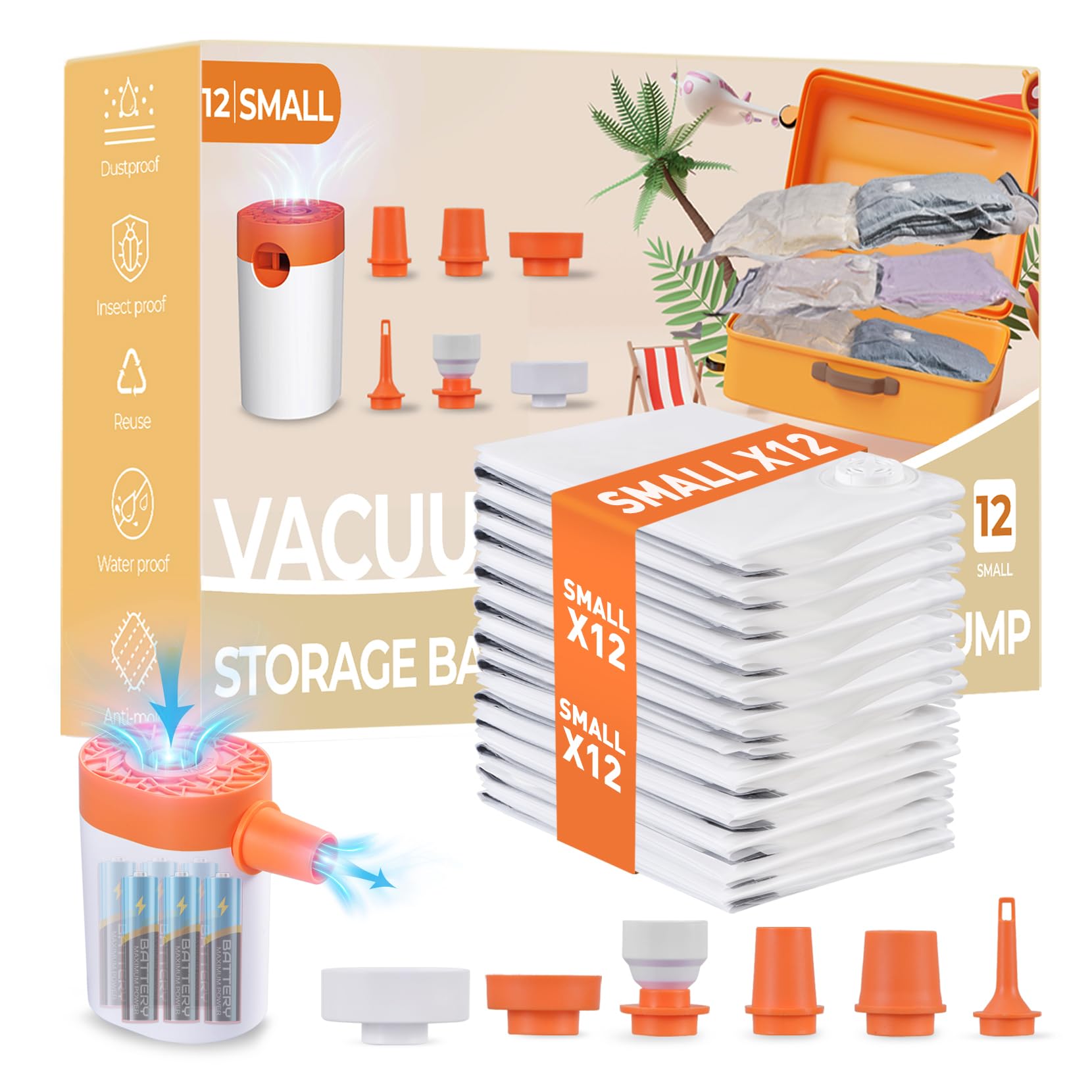 Vacuum Storage Bags for Travel, 12 Pack Small Travel Vacuum Bags with Portable Pump, Compression Bags for Travel, Vacuum Travel bags for Luggage, Vacuum Seal Bags for Clothing, Travel Essentials