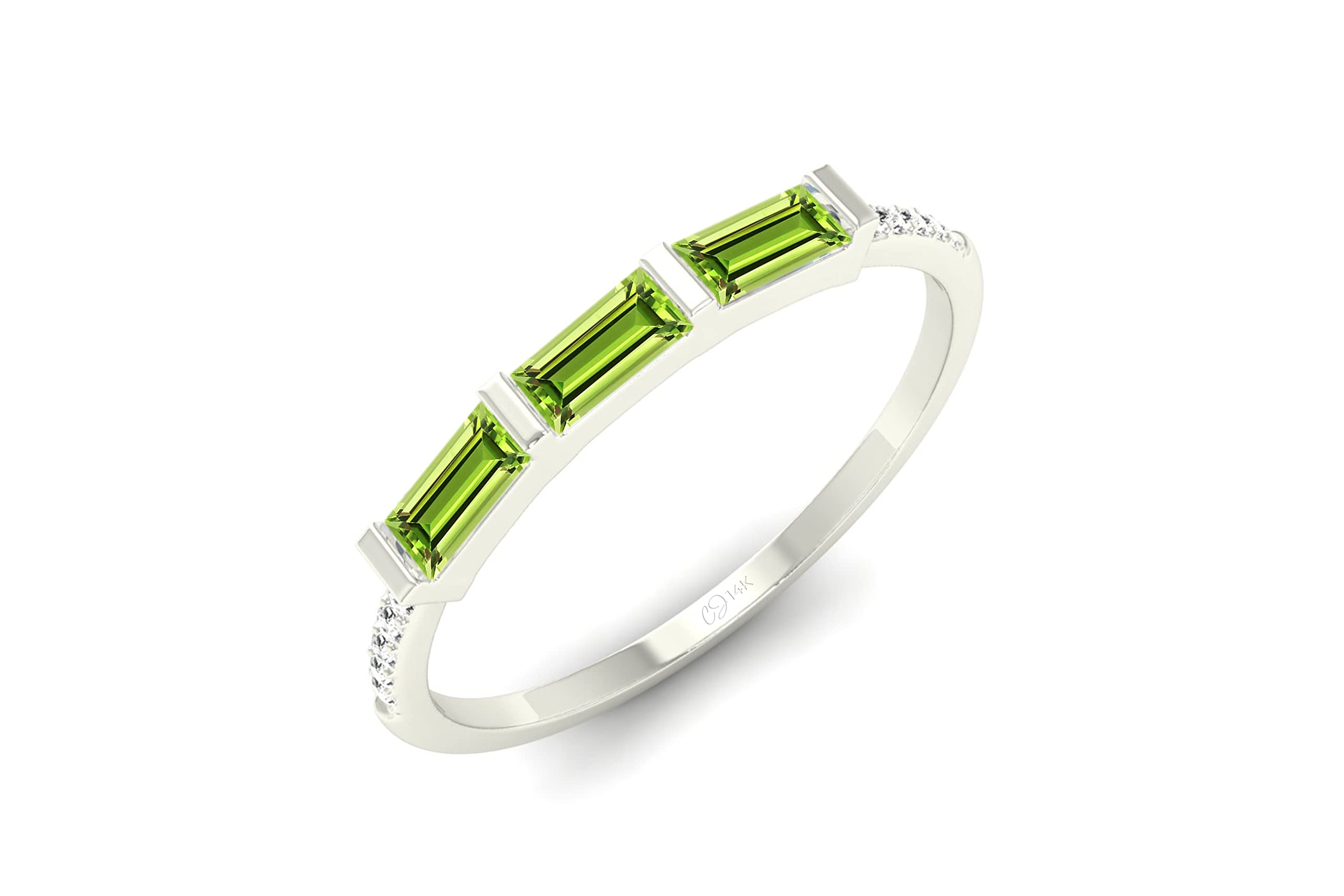 mirahi by chordia jewels Peridot Baguette Stackable Ring, Diamond Dainty Ring for Her, 14k White Gold Wedding Ring, Daily Wear Ring