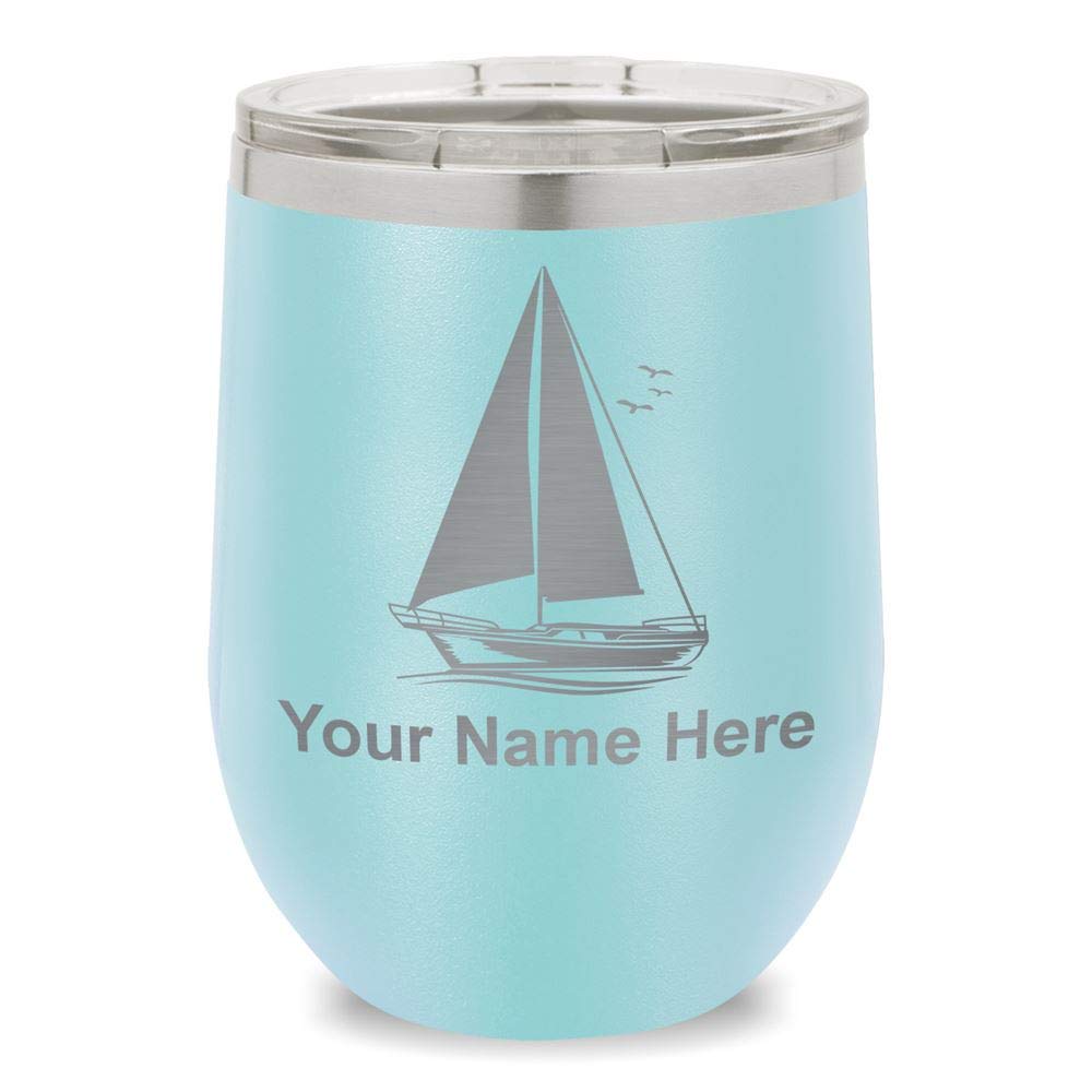 LaserGram Double Wall Stainless Steel Wine Glass Tumbler, Sailboat, Personalized Engraving Included (Light Blue)