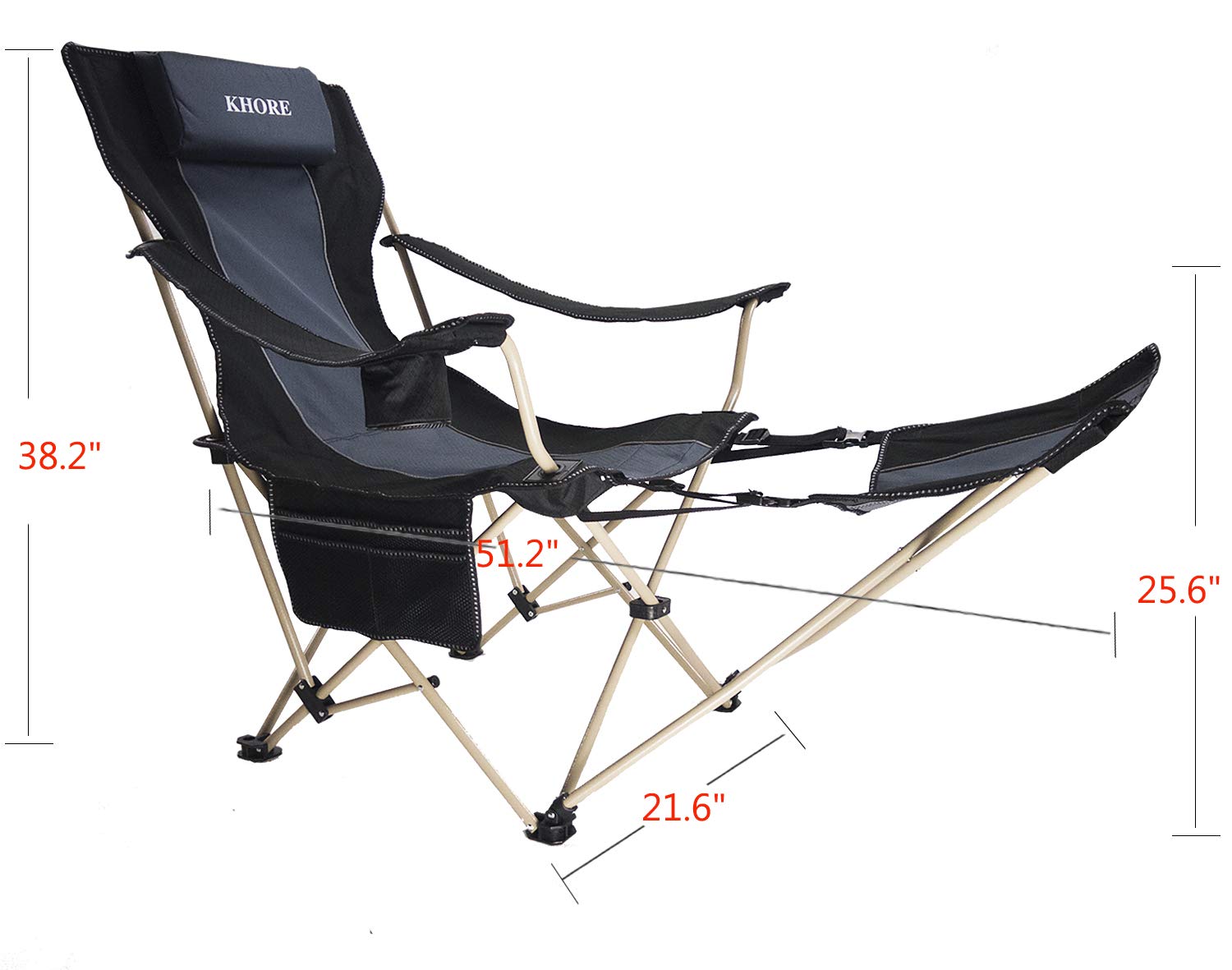 KHORE Camping Folding Portable Recliner Chair with Adjustable and Removabel Footrest (Black)