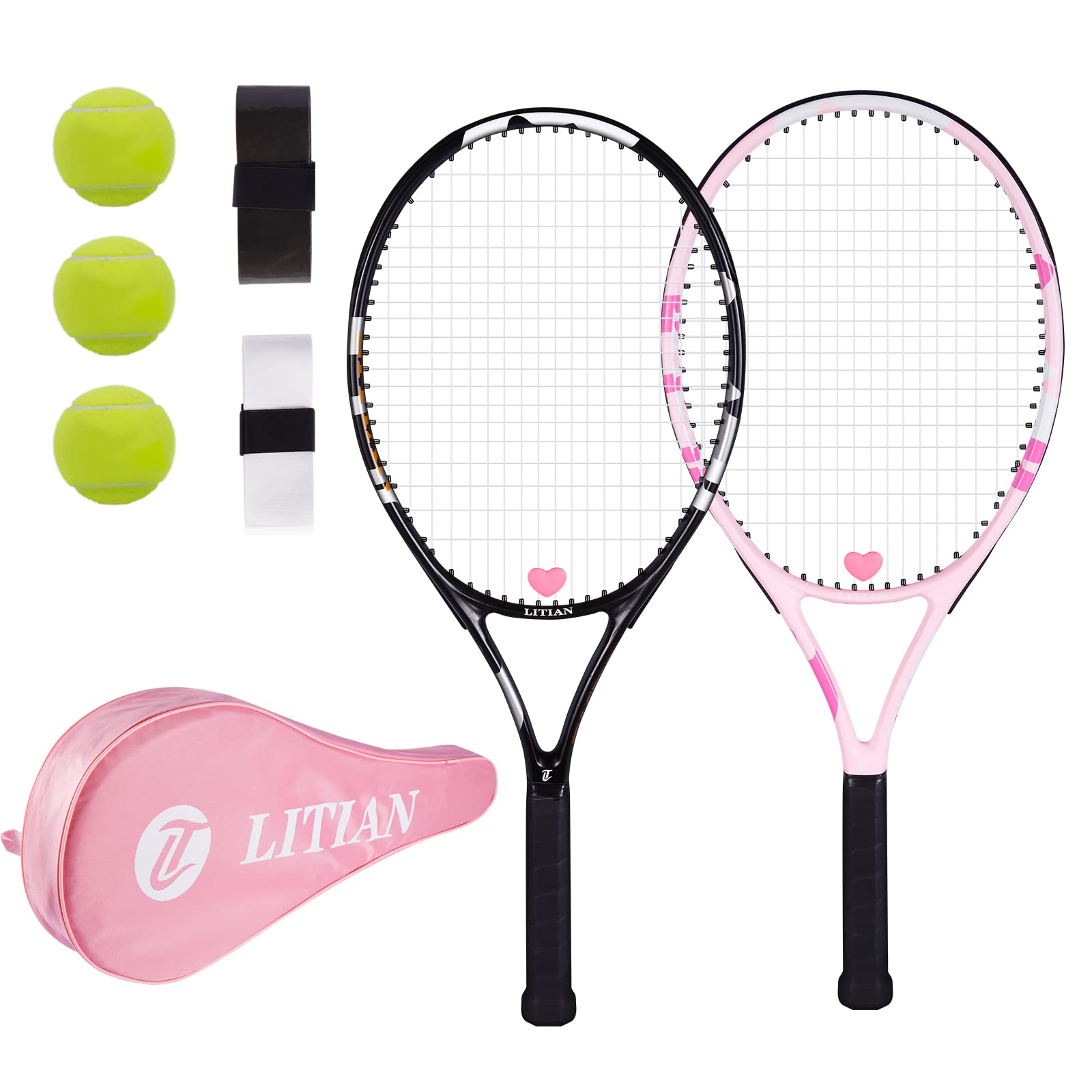 LITIAN Tennis Rackets for Adults 2 Pack includes 2 Tennis Rackets, 2 Replacement Overgrips, 2 Heart Shaped Shock Absorbers, 1 Exquisite Racket Bag,3 Tennis Balls…