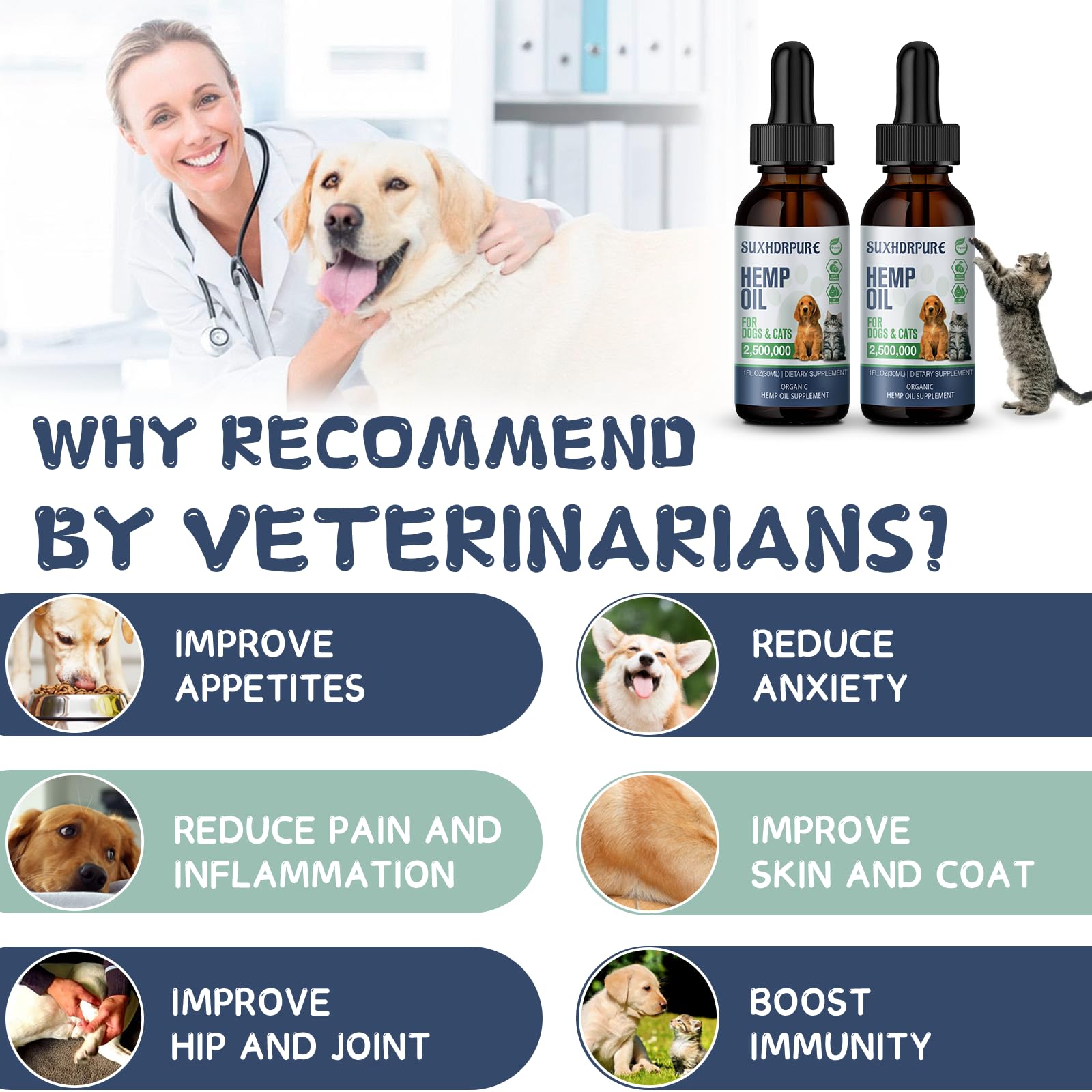 SUXHDRPURE Organic Hеmp Oil for Dogs & Cats Helps Pets with Аnxiety Pаin Strеss Slееp Аrthritis, Sеizures Rеlief Joint Support Hemp Oil Drops Made in USA