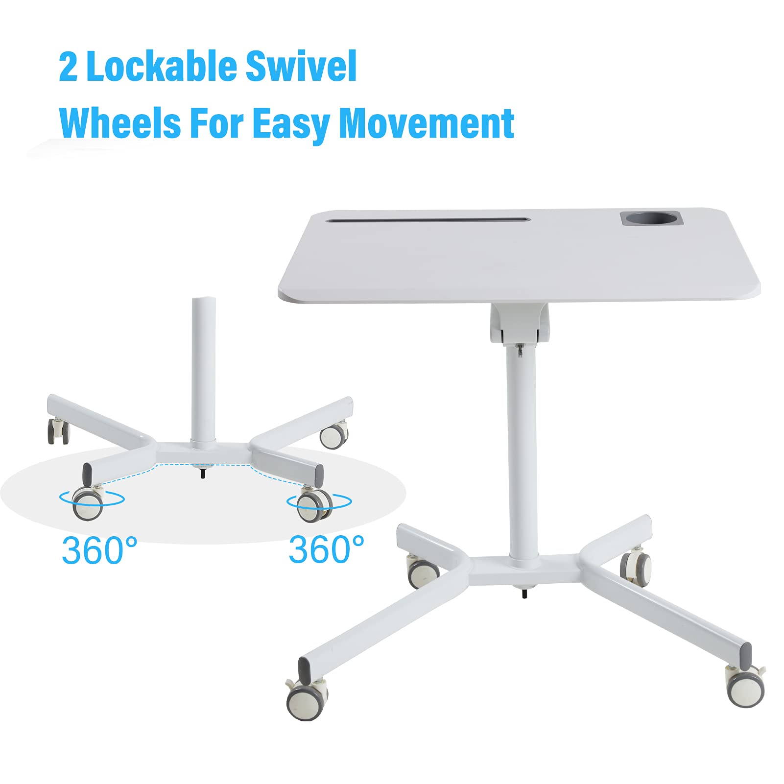 Mobile Sit Stand Desk - Height Adjustable Standing Laptop Desk Cart Rolling Couch Table on Wheels White Workstation with Gas Spring Riser for Home Office Classroom