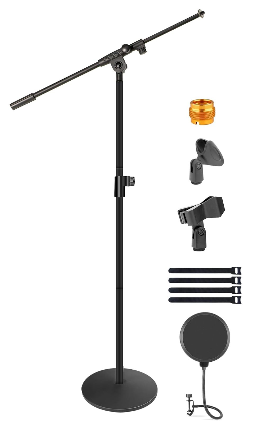 Microphone Stand, Detachable Weighted Round Base Mic Floor Stand with Boom Arm Pop Filter Mic Clips 3/8" to 5/8" Adapter Cable Ties, Height Adjustable from 48" to 63" for Snowball Blue Yeti