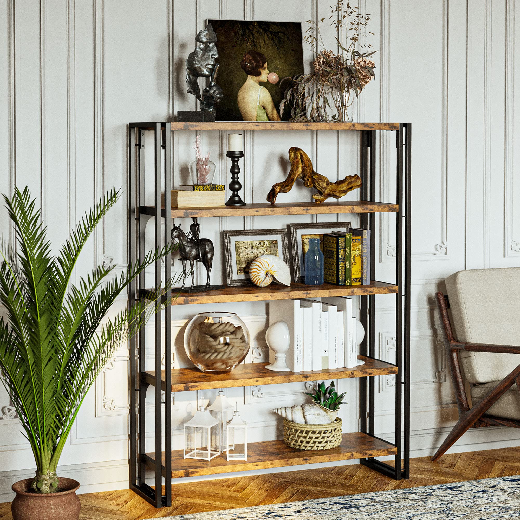 IRONCK Bookshelf and Bookcase 5 Tier, Wood and Metal Bookshelves Storage Shelves for Home Office, Sturdy Easy Assembly, Rustic Brown