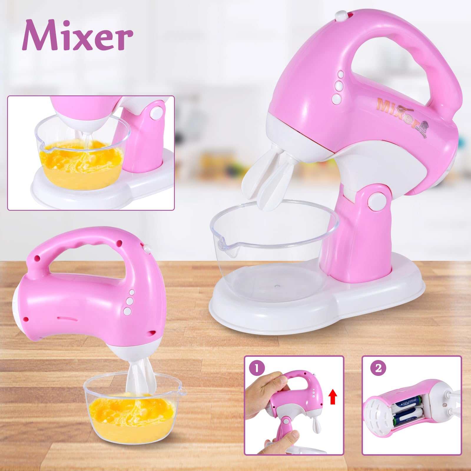 Kitchen Appliances Toys, Play Kitchen Accessories Set for Kids, Pretend Kitchen Toys, Coffee Maker, Blender, Mixer, Toaster with Realistic Light and Sounds, Toy Kitchen Set for Kids Ages 3+ (Pink)