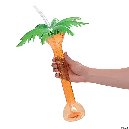 Palm Tree Plastic Yard Glasses with Straws and Lid - Set of 6, Each Holds 16 oz - Tiki Topical Luau Party Supplies