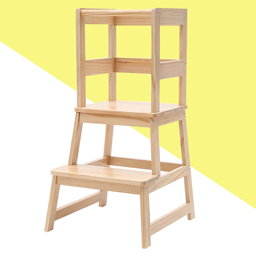 KATARUS Kitchen Step Stool for Kids and Toddlers with Safety Rail Children Standing Tower for Kitchen Counter, Step Up Learning Stool Monthers' Helper, Solid Hardwood Construction, Natural Finish