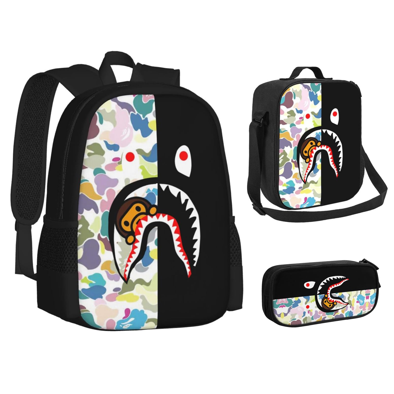 KAJUE Shark Camo Backpack 3 Piece Set with Lunch Box Pencil Case For Boys Girls Teens Men Women Daypack 17 Inch