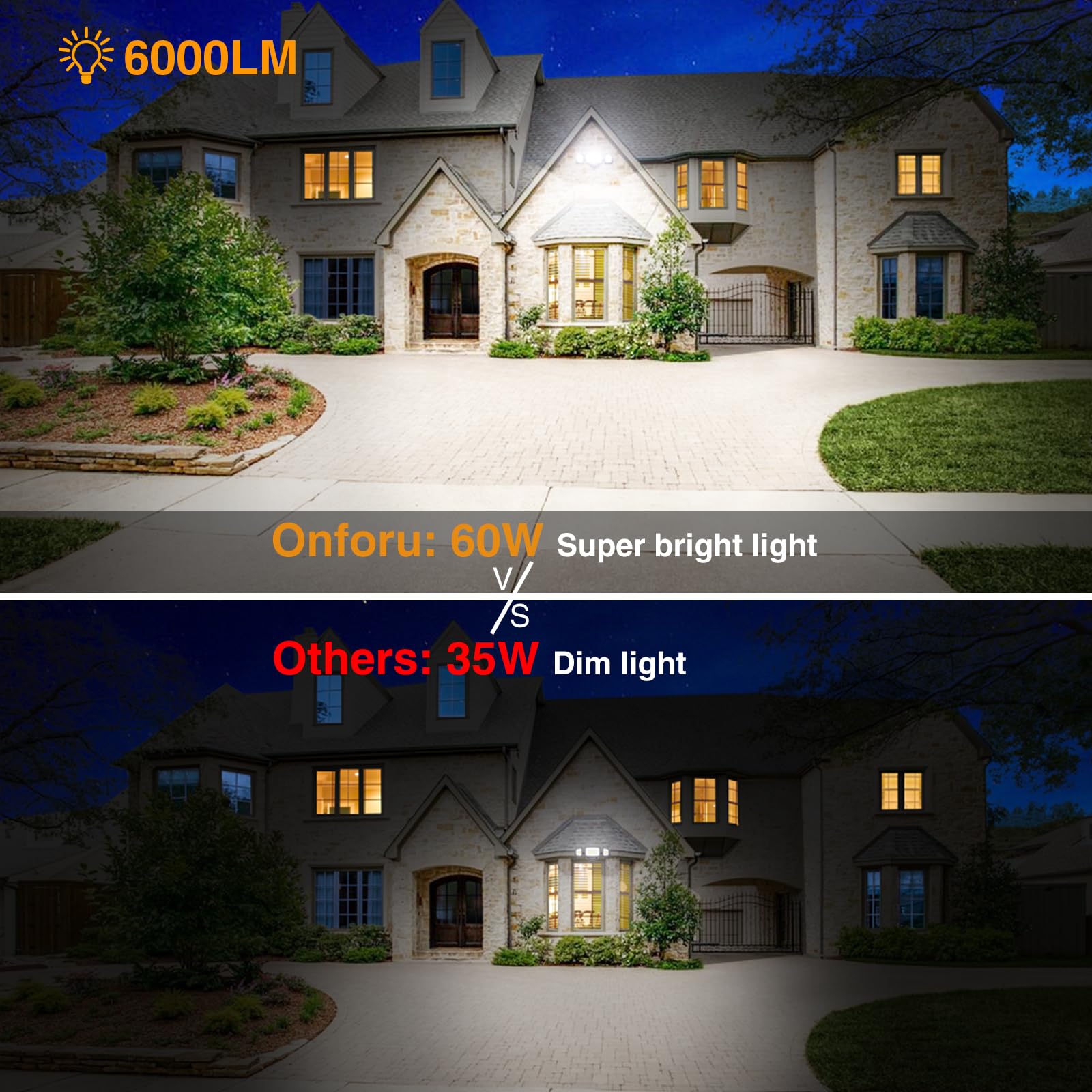 Onforu 60W Flood Lights Outdoor, 6000LM Super Bright Security Lights Switch Controlled, 3 Adjustable Heads, IP65 Waterproof, 6500K Wall Mount Exterior LED Flood Light