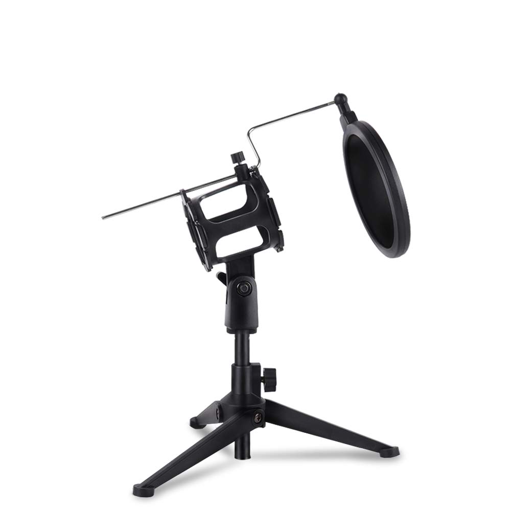 Microphone Tripod Stand Desktop, Shock Mount Desk Mic Holder with Pop Filter Net for Online Broadcasting Chatting Singing Meeting