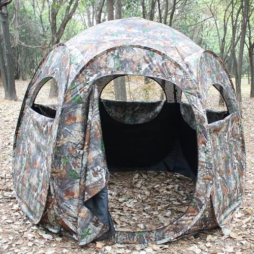 HUNT MONSTER Hunting Blind 1-3 Person,300 Degree See Through Pop up Ground Blinds for Deer Turkey Duck Hunting, Bow Hunting Accessories, Double Side Zipper Window (Camo-Light Brown)
