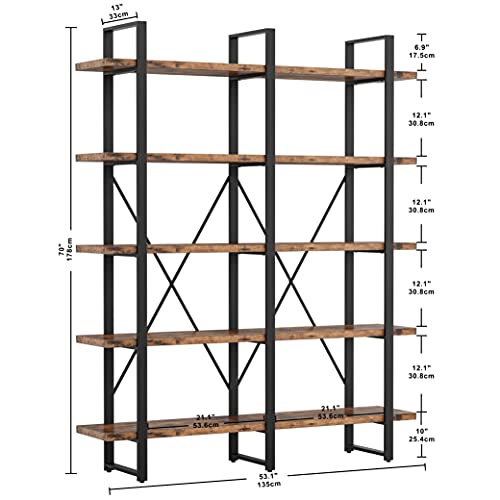 IRONCK Industrial Bookshelf and Bookcase Double Wide 5 Tier,Book Cases Wood and Metal Bookshelves for Home Office, Easy Assembly, Vintage Brown