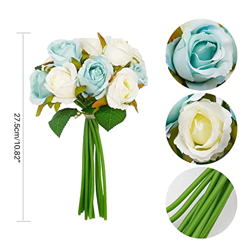 LIUCOGXI 12 Heads Artificial Silk Rose Flowers Bouquet White&Blue for Wedding Party Home Decor