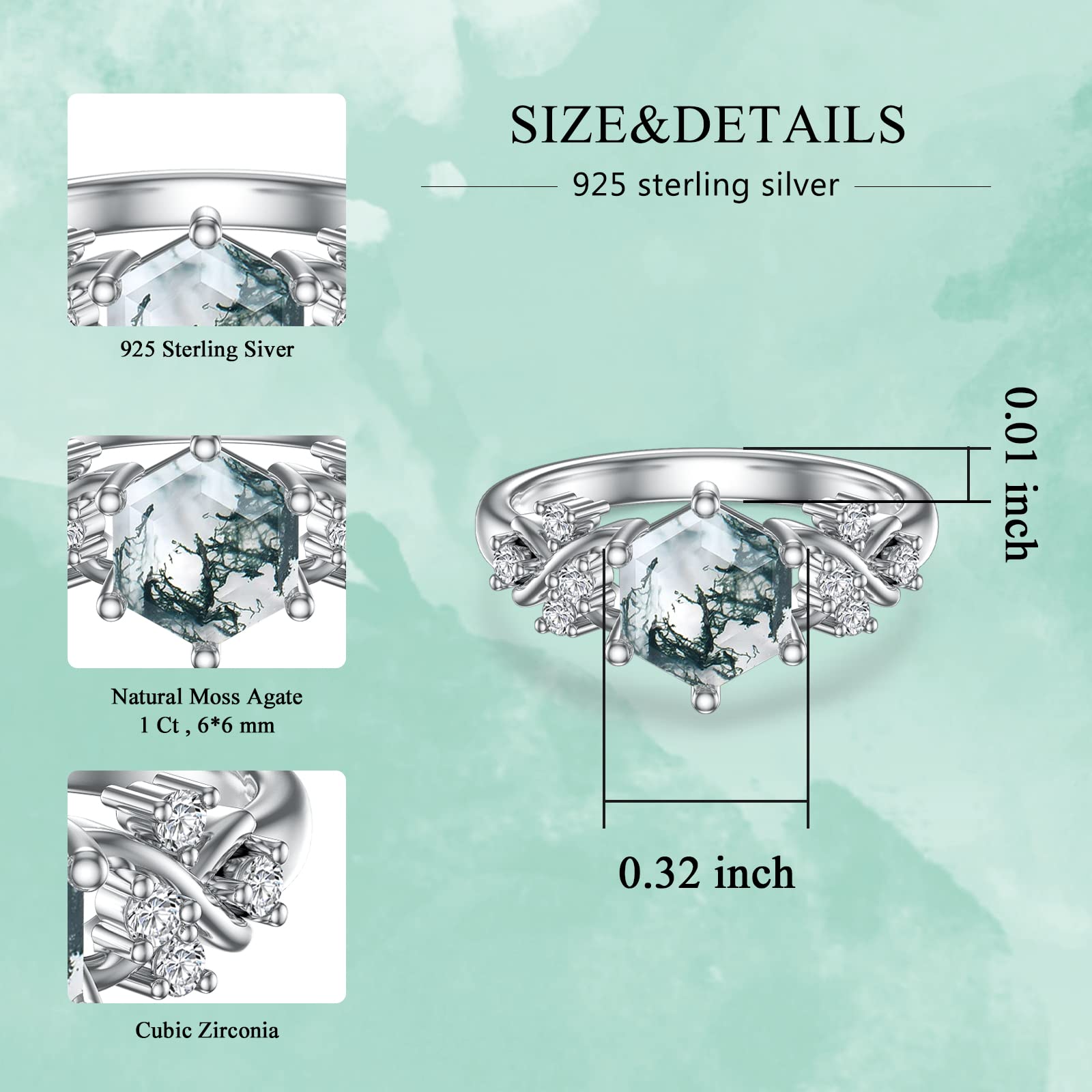 PLATYCO 1Ct Moss Agate Ring 925 Sterling Silver Natural Agate Engagement Ring Hexagon Shaped Green Agate Promise Rings Gift for Women (Size 9)