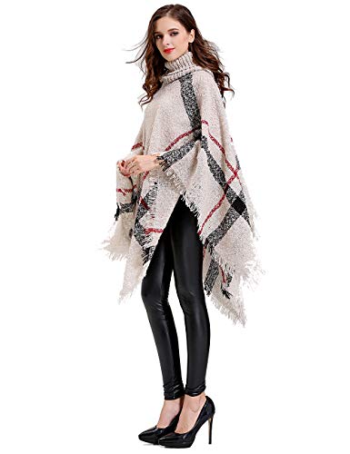 HITOP Womens Dress Ponchos, Boho Loose Tassel Plaid Poncho Turtleneck Jumper Knit Oversized Pullover Sweater Tops for Women Beige