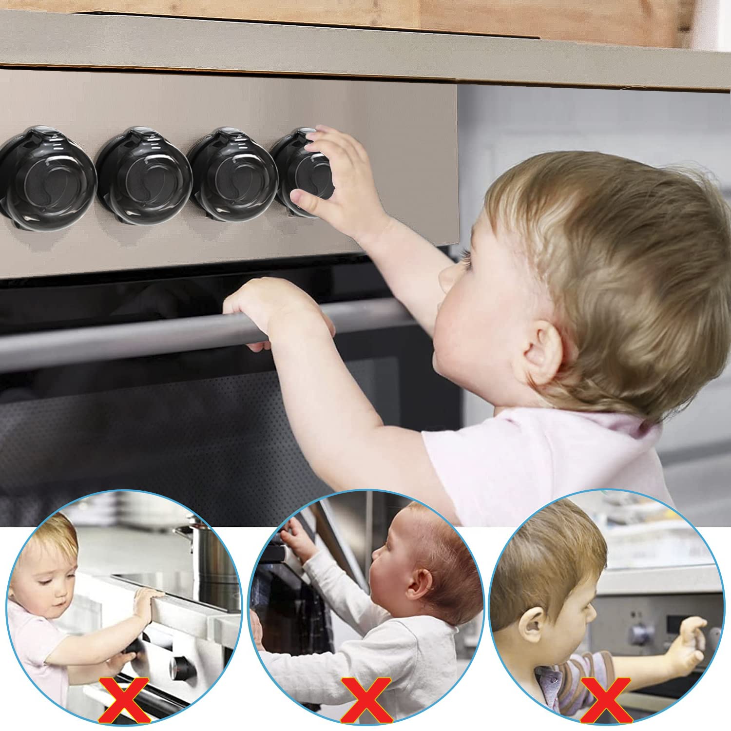 Stove Knob Covers Child Safety - Pack 5 Upgraded Double-Key Locks Gas Stove Knob Covers, Oven Stove Baby Proof Knobs for Gas Range Guard Kitchen Childproof/Kids Proofing, Universal Clear Black