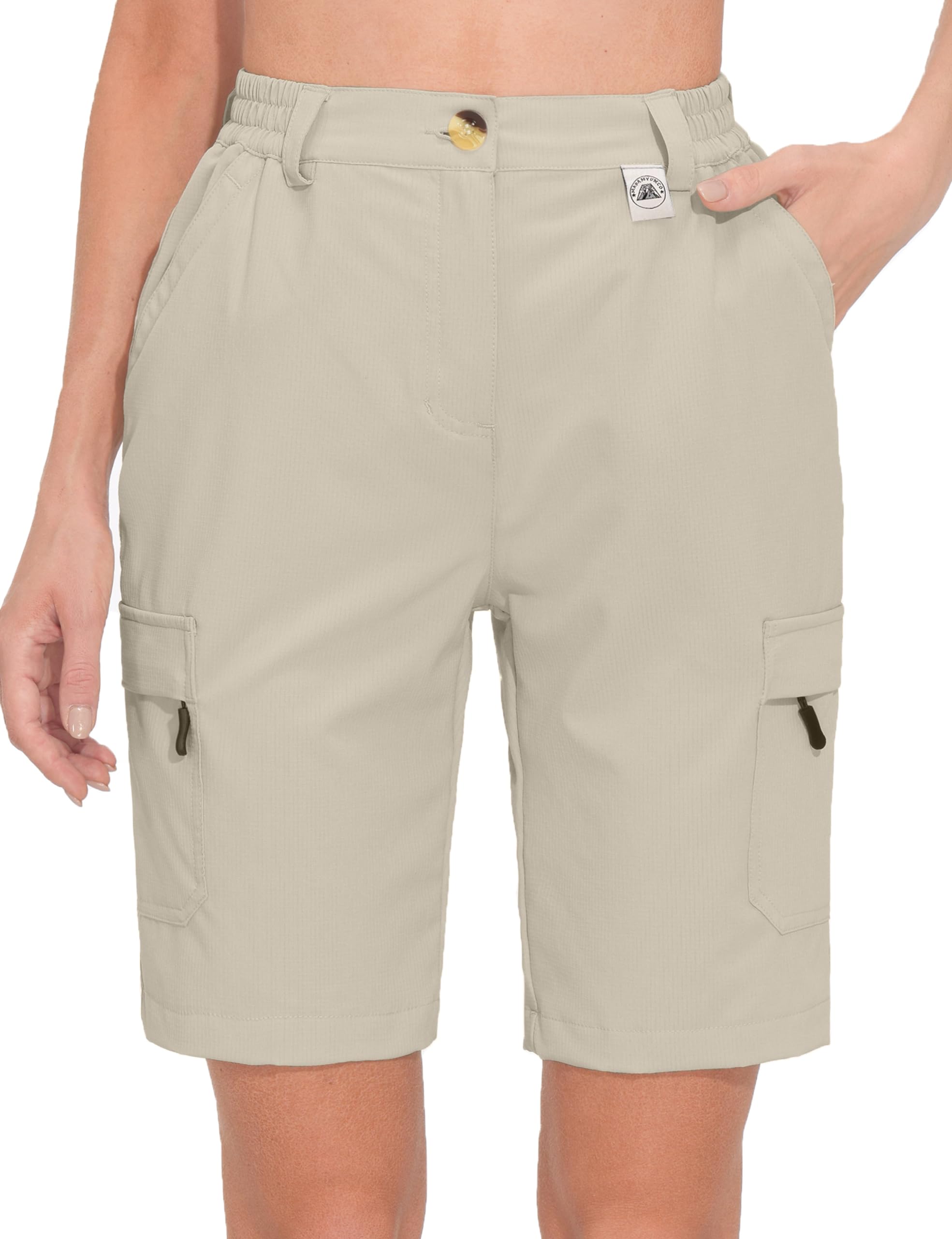 Mapamyumco Women's 10 Inch Inseam Hiking Cargo Shorts Quick Dry Lightweight Golf Shorts Bermuda for Summer Travel Dark Khaki L