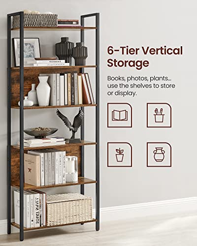 VASAGLE ALINRU 6-Tier Bookshelf, Tall Storage Shelves, Shelving Unit with Steel Frame, for Living Room, Entryway, Hallway, Office, Industrial Style, Rustic Brown and Black ULLS113B01