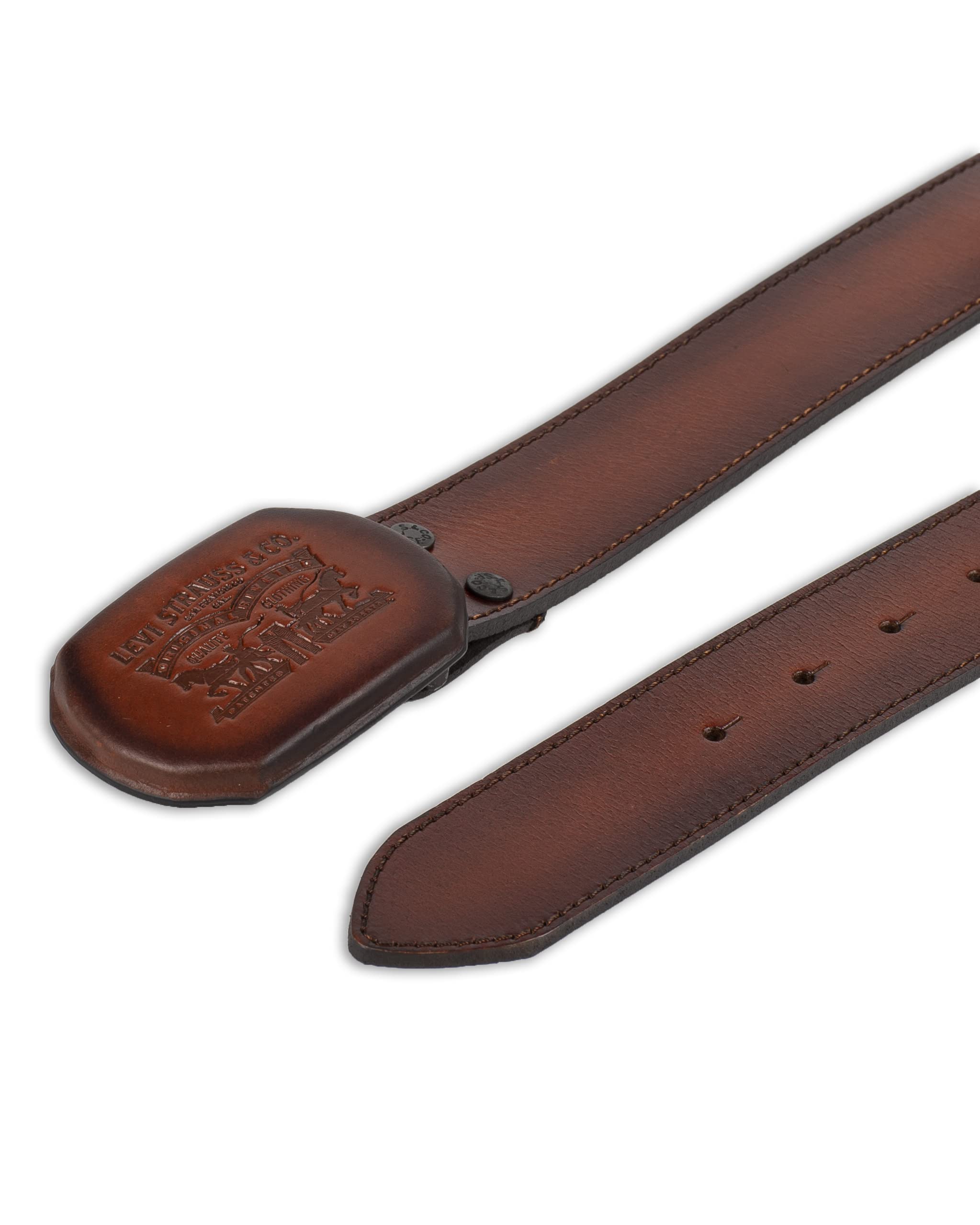 Levi's Men's Leather Jeans Belt with Plaque Logo, Tan Buckle, Medium (34-36)