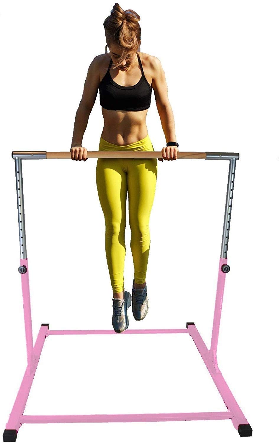 Kids Kip Bar Jungle Gym Professional Horizontal Gymnastics Asymmetric Bar Height Adjustable Expandable 3 to 5 FT Pink
