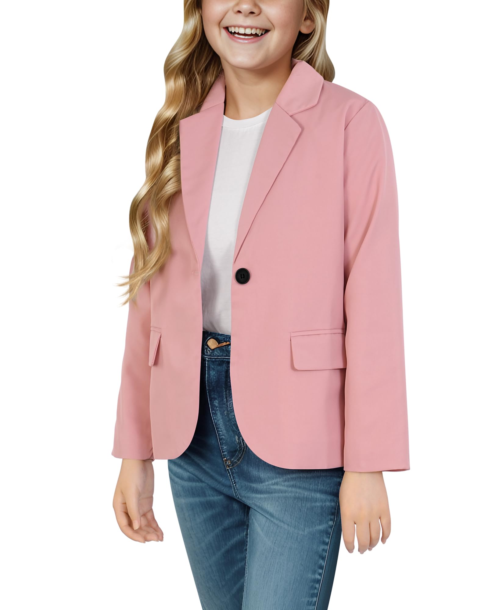 KEREDA Girls Casual Blazers Long Sleeve Open Front Button Lightweight Blazers with Pockets Pink 9-10 Years
