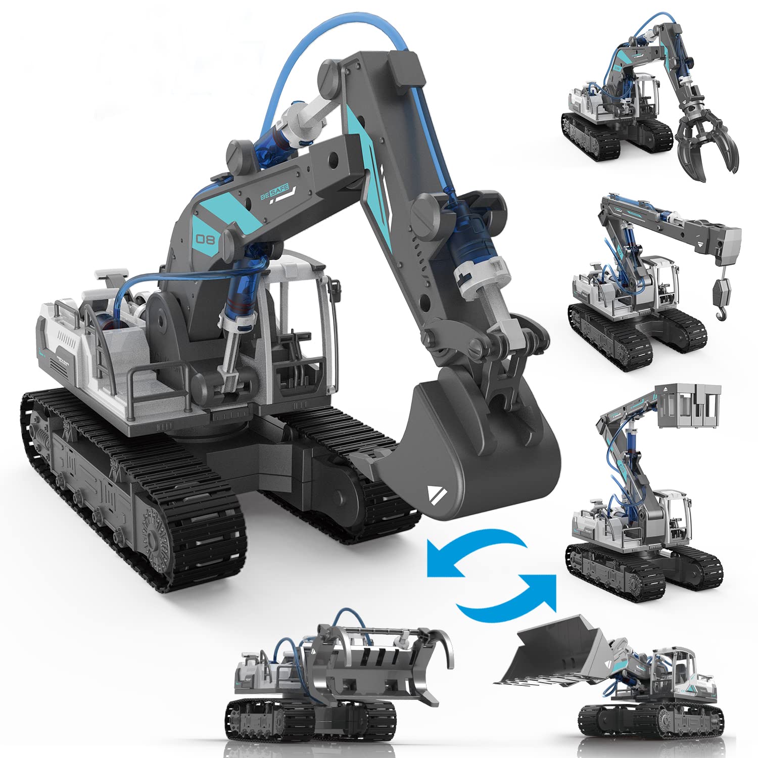 Mostop STEM Building Hydraulic Excavator Toy for Kids, 6 in 1 Hydraulic Robot Arm Construction Truck with Bulldozer,Crane,Wood Loader,Grabber,Fire Engine Set,Science Projects Engineering Vehicle