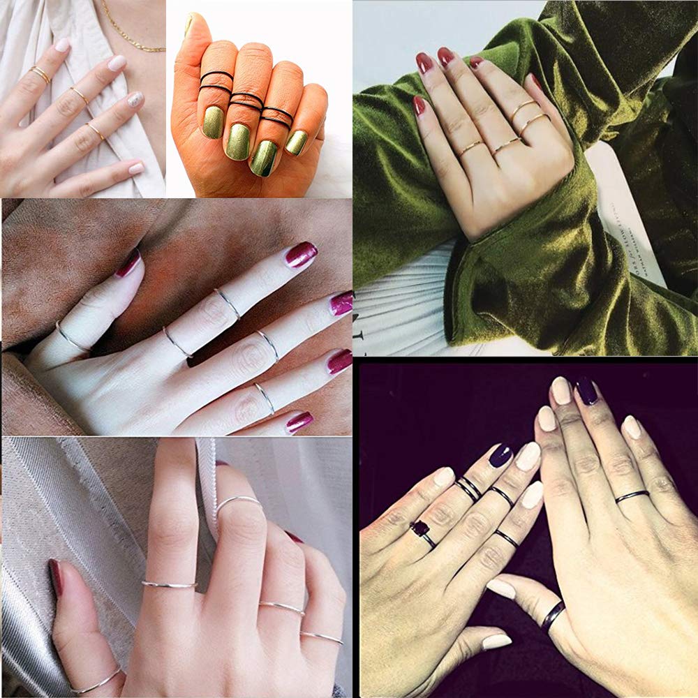 INRENG 7pcs 1mm Stainless Steel Women's Plain Band Thin Knuckle Stacking Midi Rings Comfort Fit Size 3 to 9, Black