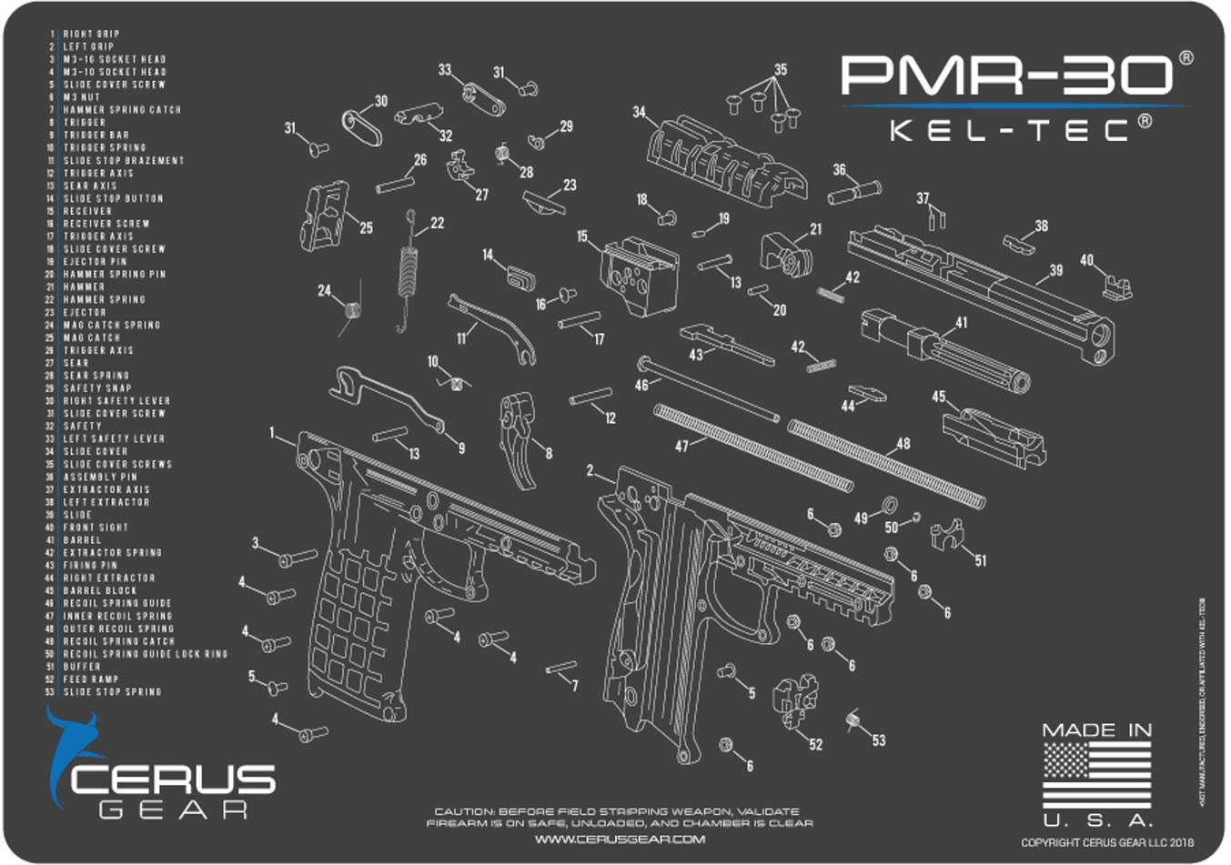 KELTEC PMR30 EDOG Cerus Gear Schematic (Exploded View) Heavy Duty Pistol Cleaning 12x17 Padded Gun-Work Surface Protector Mats Solvent & Oil Resistant & 3 PC Cleaning Essentials & Clenzoil
