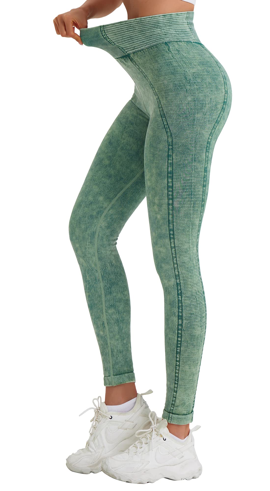 MYSIGHT Women Ribbed Seamless Leggings, High Waist Tummy Control Workout Yoga Pants Stretchy Soft(2886 Green M)
