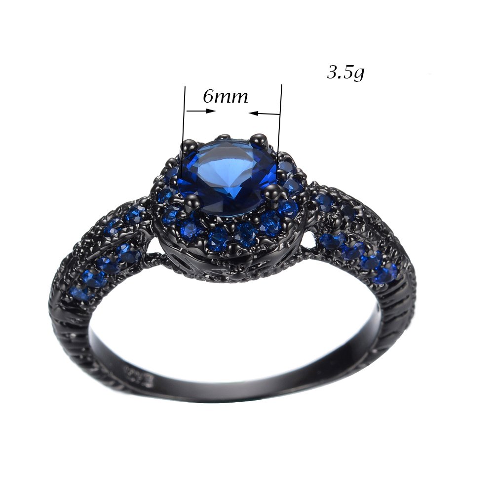 JunXin Delicate 6MM Round Shape Blue Sapphire Black Gold Halo Rings Wedding Size6/7/8/9/10(7)