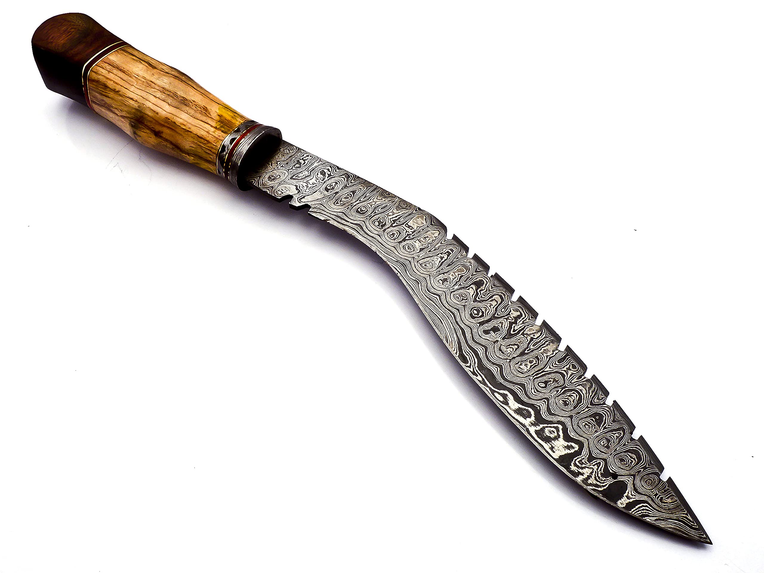 Mid American Cutlery Custom Hand Made Beautiful Damascus Hunting Knife Kukri Handle Olive Wood with Burl Wood