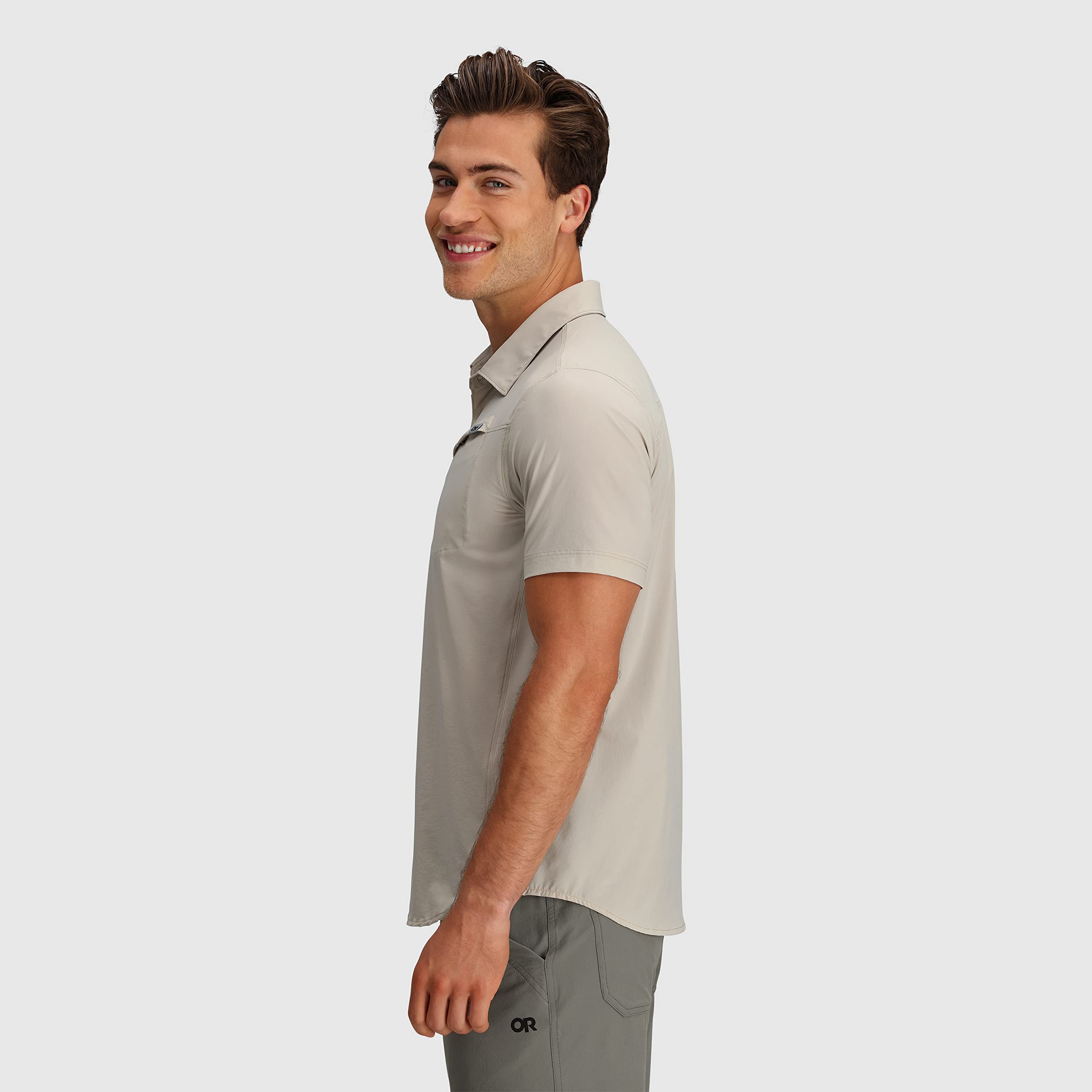 Outdoor Research Men's Astroman Short Sleeve Sun Shirt - Breathable UPF 50 Technical Button Down Dark Sand