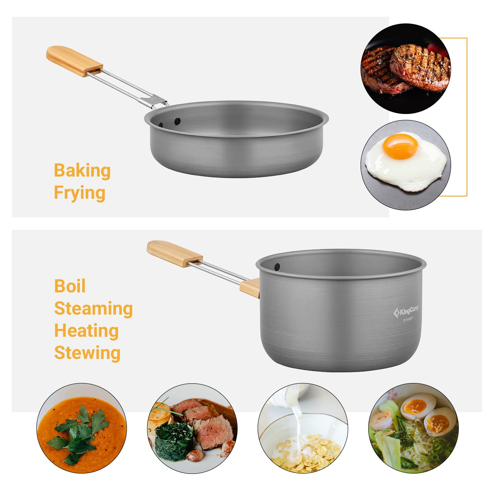 KingCamp 7pcs Camping Cookware Mess Kit Aluminum Folding Camping Pots and Pans Set with Bamboo Handle Lightweight Backpacking Cooking Set Outdoor Cook Gear for Family Hiking Picnic