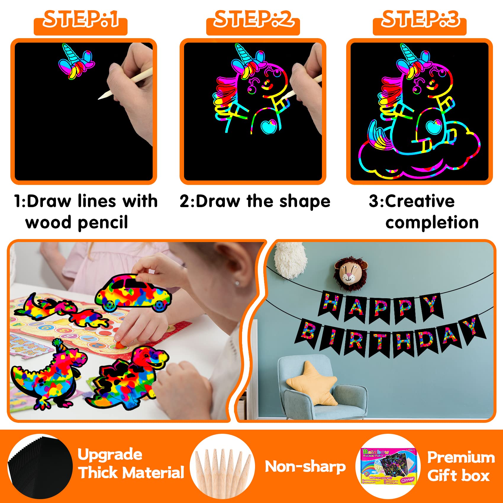 RFM4S Rainbow Scratch Paper, for Kids, 65 Pcs 9.5 x 6.7 Large Sparkle Thick Black Rainbow Scratch Art Paper for Kids:Scratch Arts & Crafts for Kids Activity Birthday Party