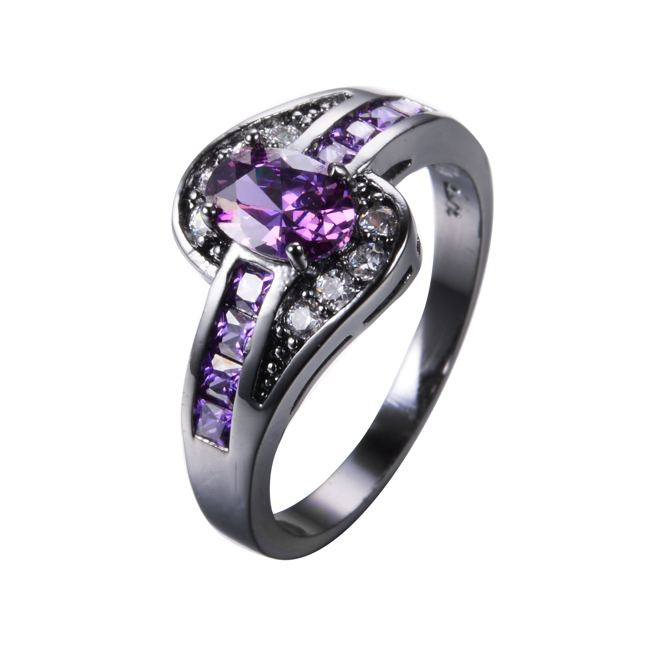 JunXin New Three 10KT Black Gold Wave Ring, Womans Wedding and engagement purple Cz Rings. size 7(purple Cz)