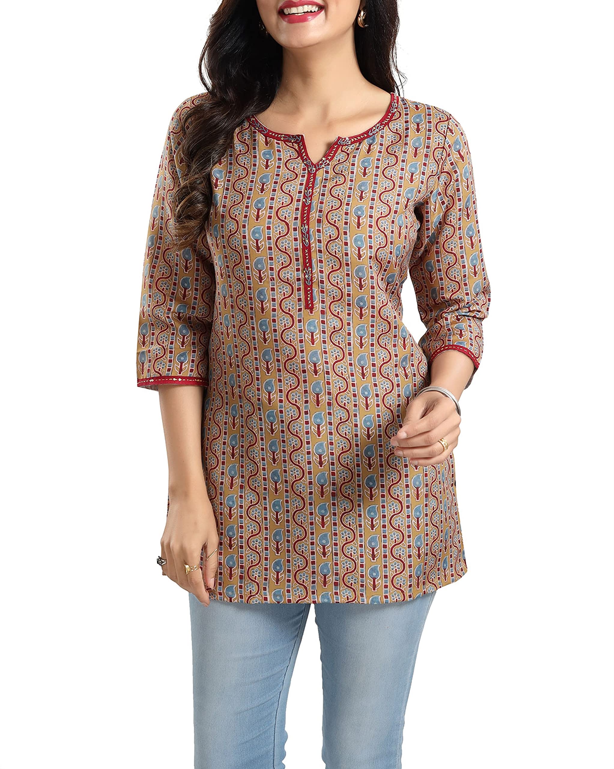 IshDeena Indian Kurtis for Women Indian Style Printed Embroidered Tunics Womens Tops Kurta (2X Large, Maroon - 0622ID5)