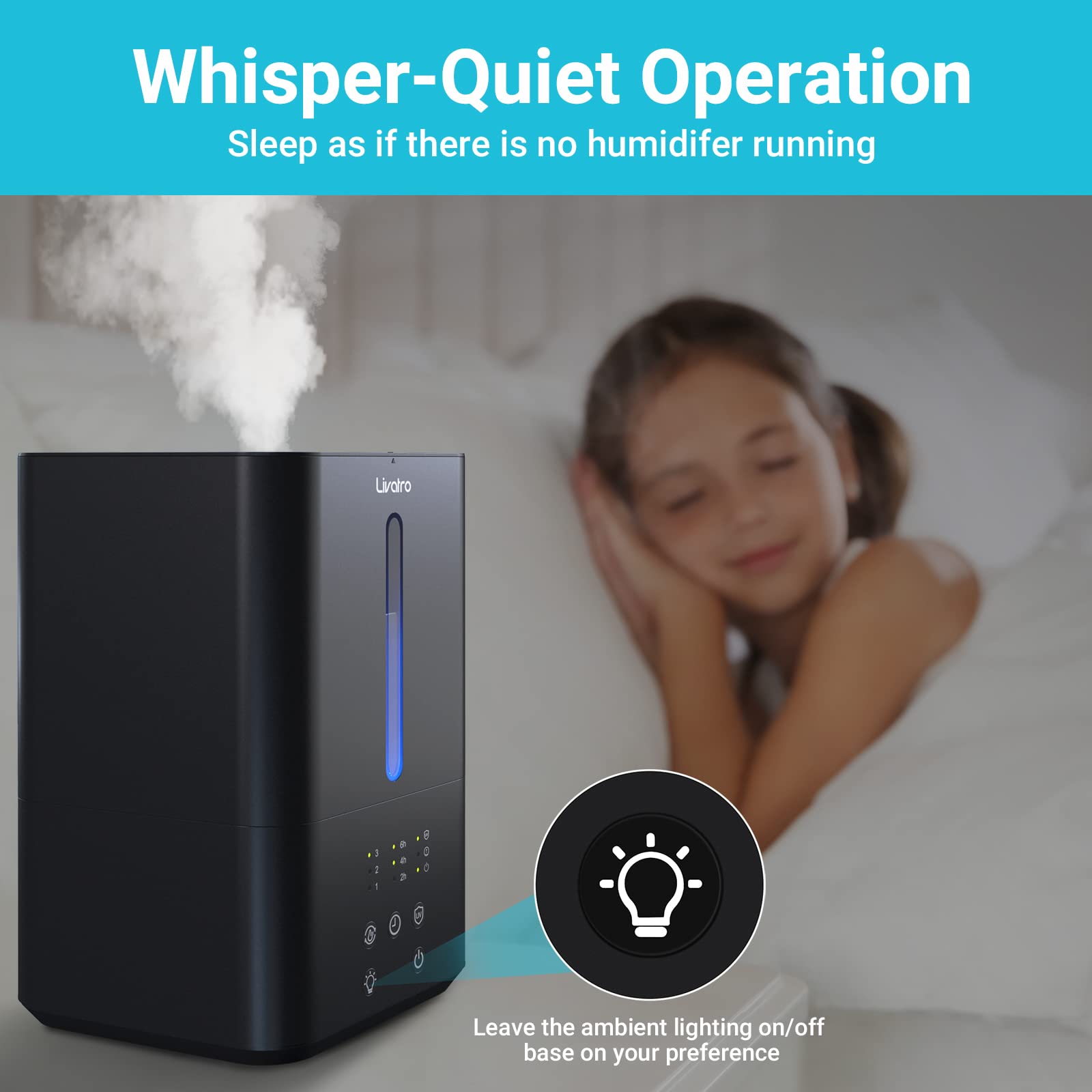 Livatro 4.5L Top Fill Humidifiers for Bedroom Large Room Home, Cool Mist Air Diffuser with Essential Oil Tray, Ultrasonic Quiet and Night Light, Timer, Auto-Shut Off, Black