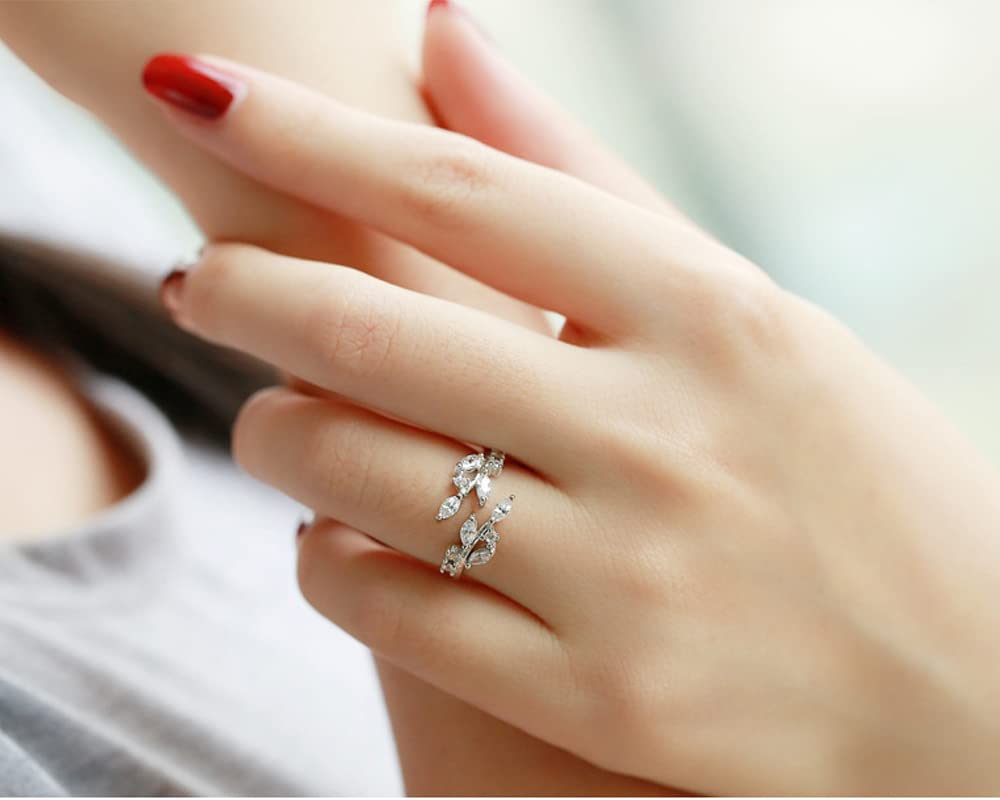 MIFYNN Double Leaf Wrap Rings for Women Dainty Zircon Rings Adjustable Hypoallergenic (leaf)